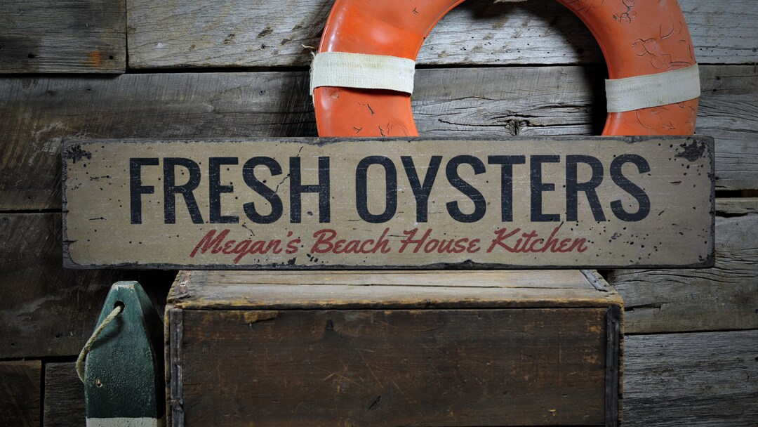 Oysters Decor, Wood Oyster Sign, Beach Kitchen Sign, Rustic Beach Fresh ...