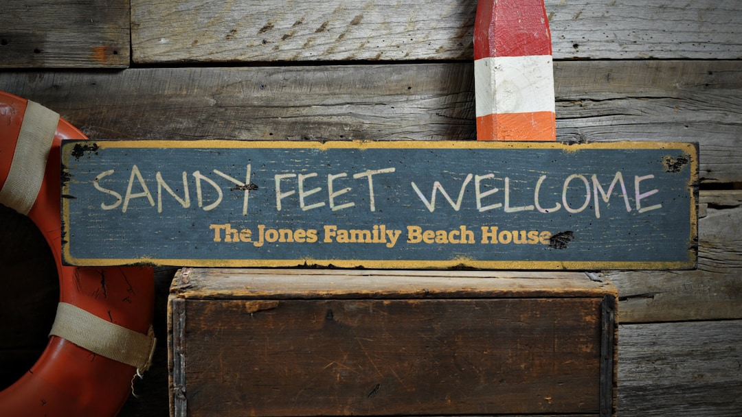 Sandy Feet Welcome Wood Sign, Personalized Family Last Name Beach House ...