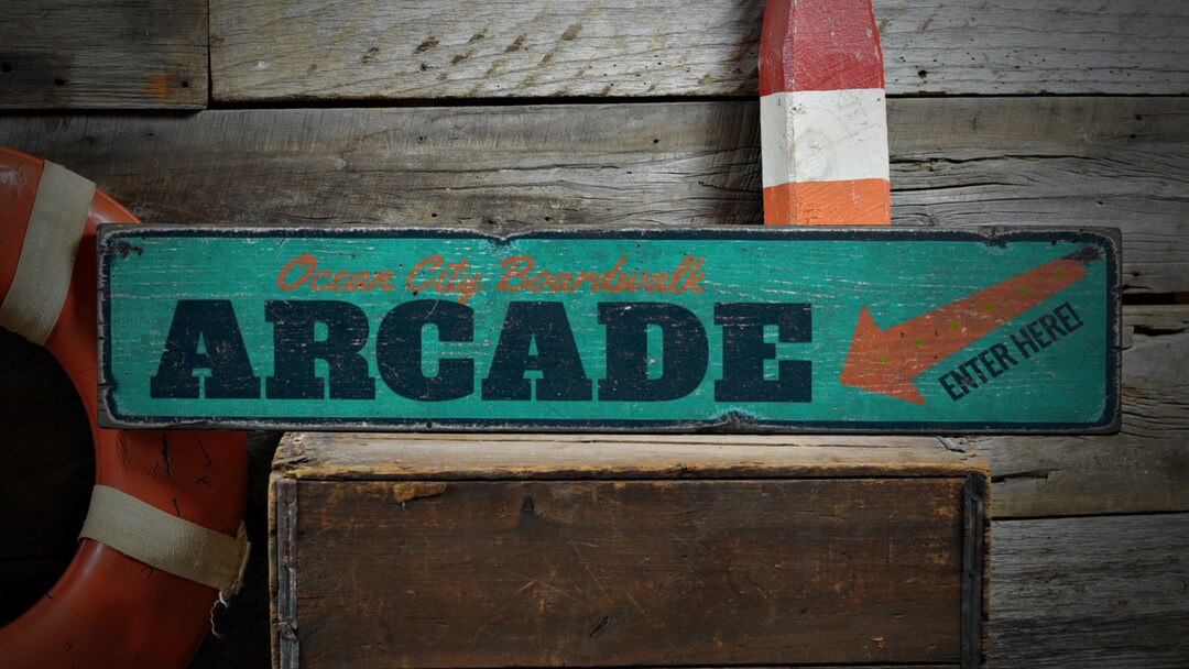 Arcade Wood Sign, Custom Beach Boardwalk Location Name Sign, Enter ...