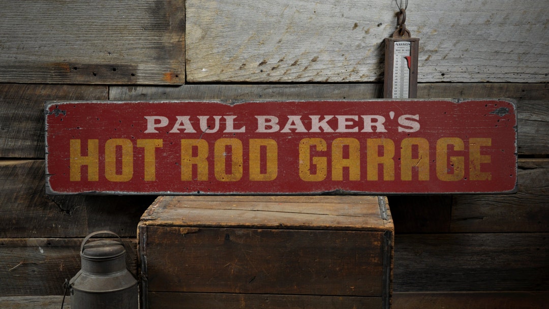 Hot Rod Garage Wood Sign, Personalized Shop Owner Name Decor, Custom ...