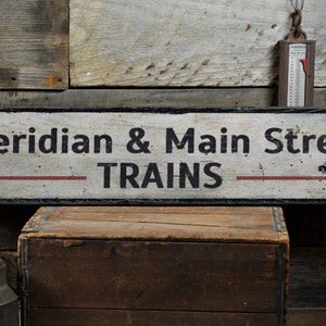 Trains Arrow Wood Sign, Personalized Street Name Train Station Stops ...