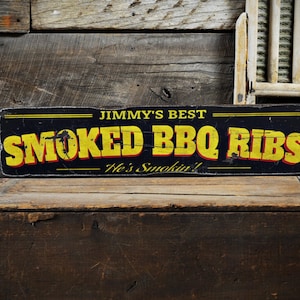Custom Smoked BBQ Ribs Sign - Rustic Hand Made Distressed Wood Sign ...