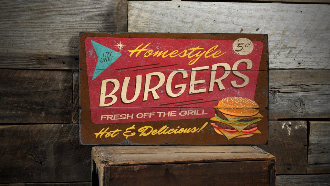 Homestyle Burgers Sign, Vintage Burgers Sign, Retro Kitchen Decor ...