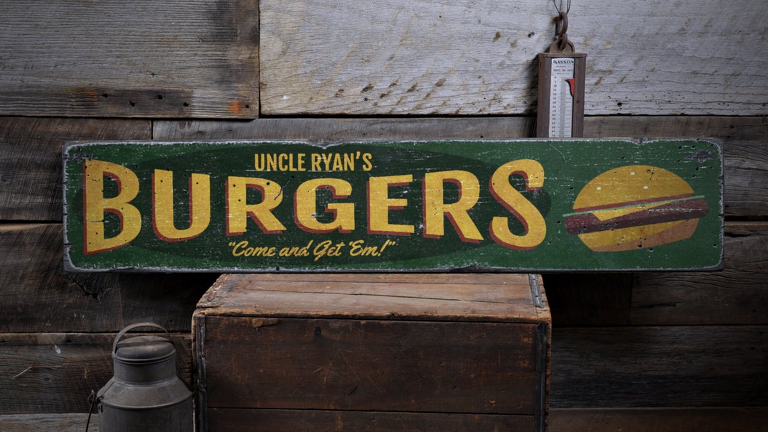 Burgers Wood Sign, Personalized Grill Master Name Gift, Come & Get 'em ...