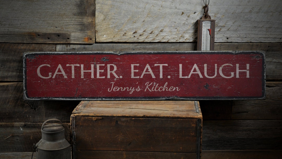 Gather Eat Laugh Wood Sign, Custom Chef Baker Name Housewarming Gift ...