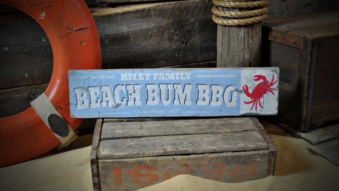 Custom Beach Bum BBQ Crab Sign - Rustic Hand Made Vintage Wooden Sign ...