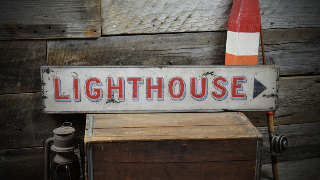 Directional Arrow Lighthouse Sign - Rustic Hand Made Vintage Wooden ...