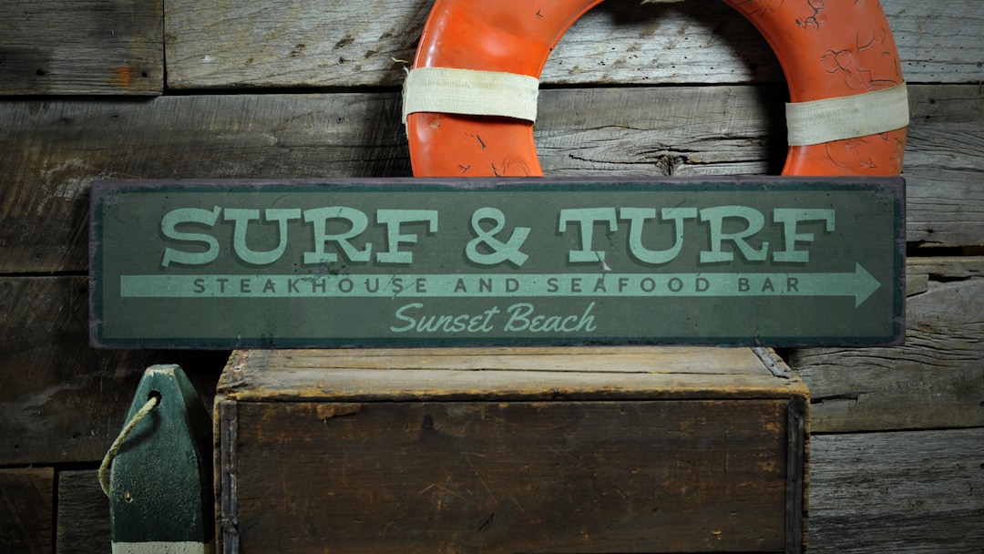 Surf & Turf Wood Sign, Steakhouse Seafood Bar Sign, Custom Beach ...