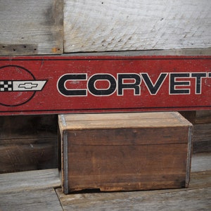 Red Corvette Logo Sign, Old Looking Corvette Decor, Distressed Wood ...