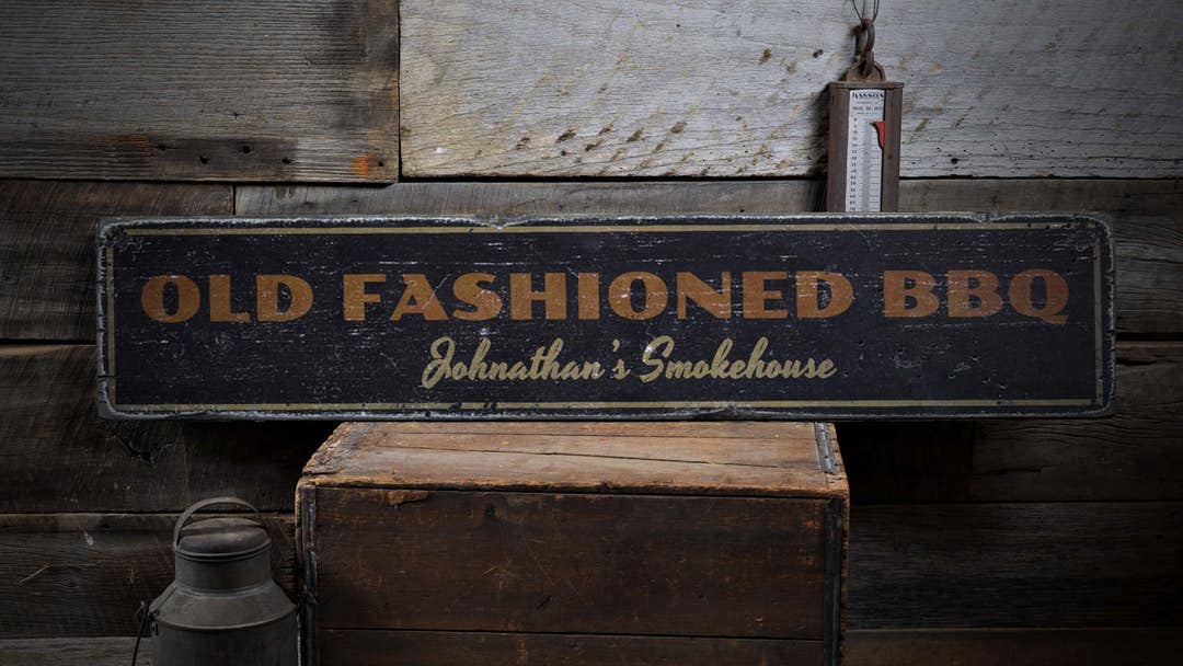 Old Fashioned BBQ Sign, Custom Smokehouse Decor, Wood Barbeque Sign ...