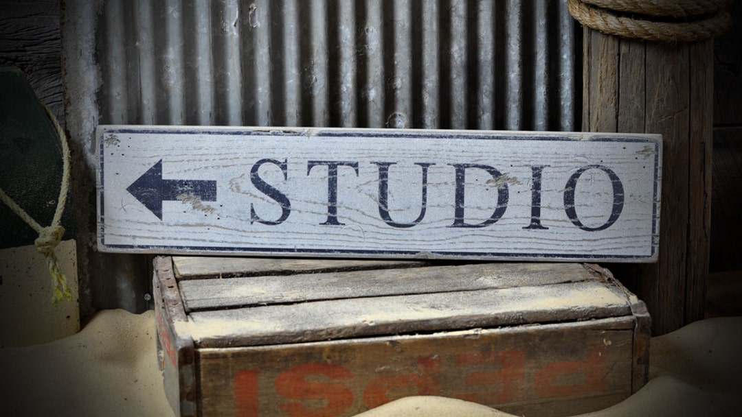 Custom Distressed Studio Arrow Sign - Rustic Hand Made Vintage Wooden ...