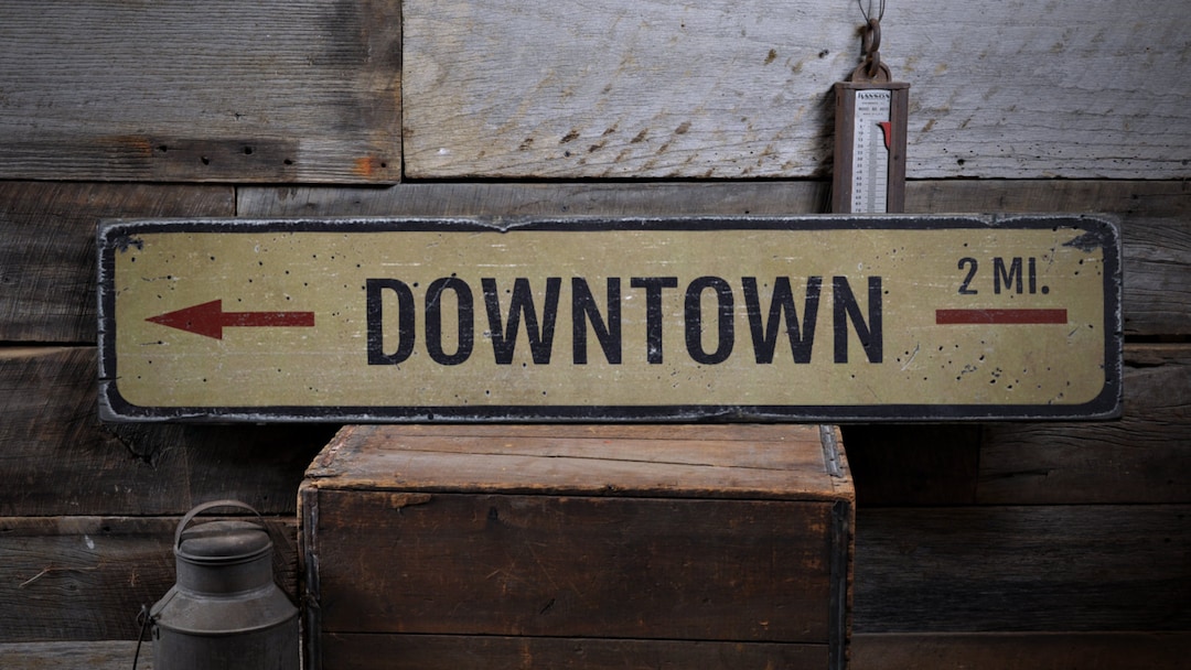 Downtown Mileage Arrow Wood Sign, Personalized Location Miles Distance ...