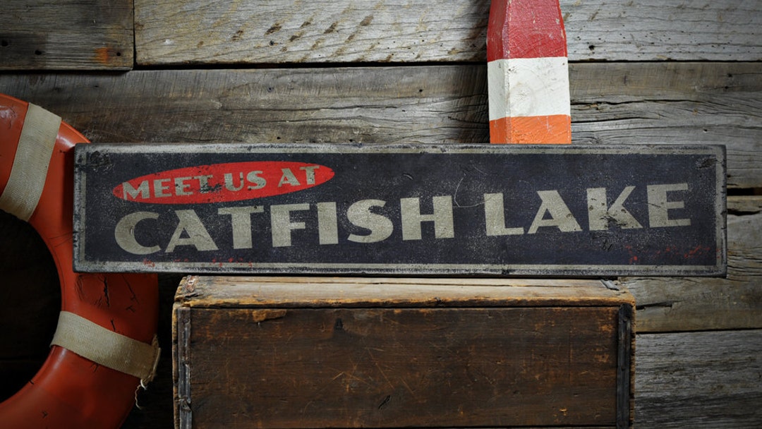 Meet Us at Catfish Lake Wood Sign, Personalized Lake Name Distressed ...
