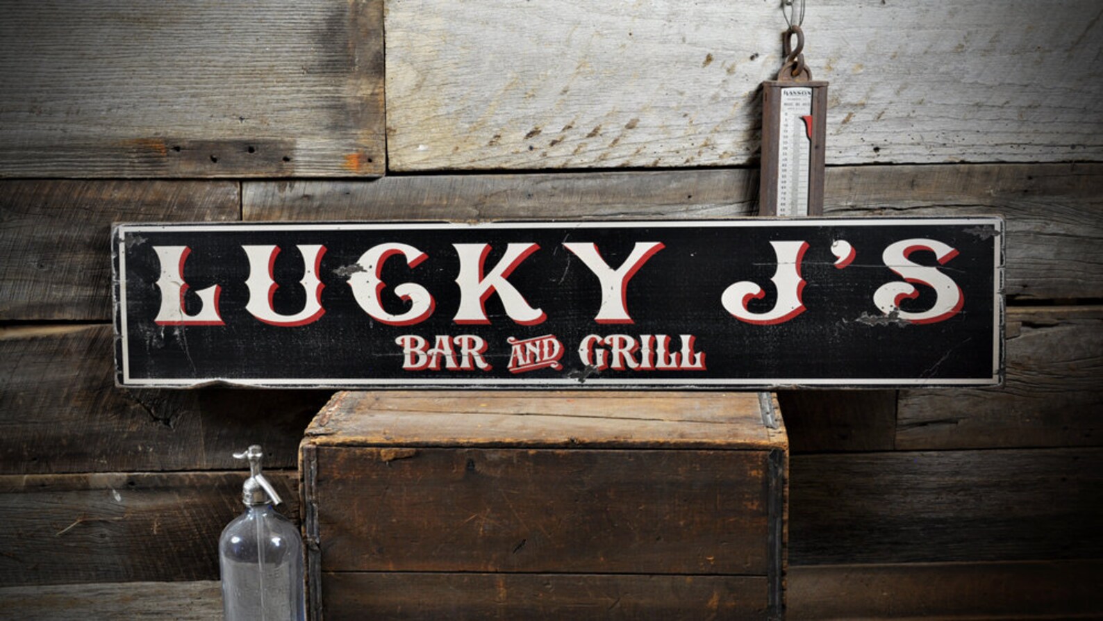 Custom Bar and Grill Name Sign, Lucky Person Decorations - Rustic Hand ...
