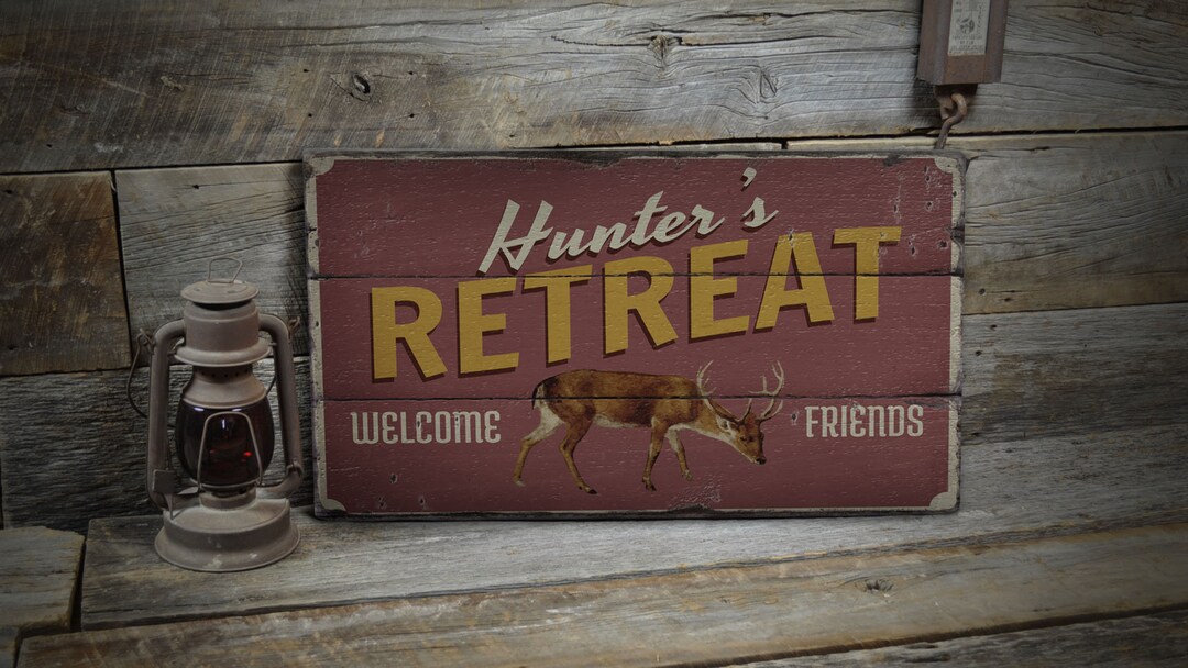Hunter Retreats Sign, Hunting Lodge Sign, Deer Wood Sign, Hunter Decor ...