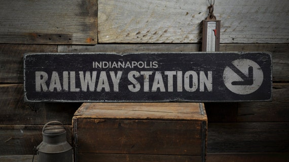 Railway Station Wood Sign Custom Location Arrow City State - Etsy