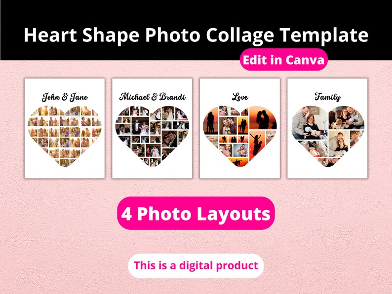 Heart Photo Collage Template, Printable Love Poster, Heart Shape Photo ...
