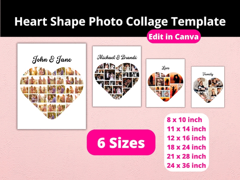 Heart Photo Collage Template, Printable Love Poster, Heart Shape Photo ...