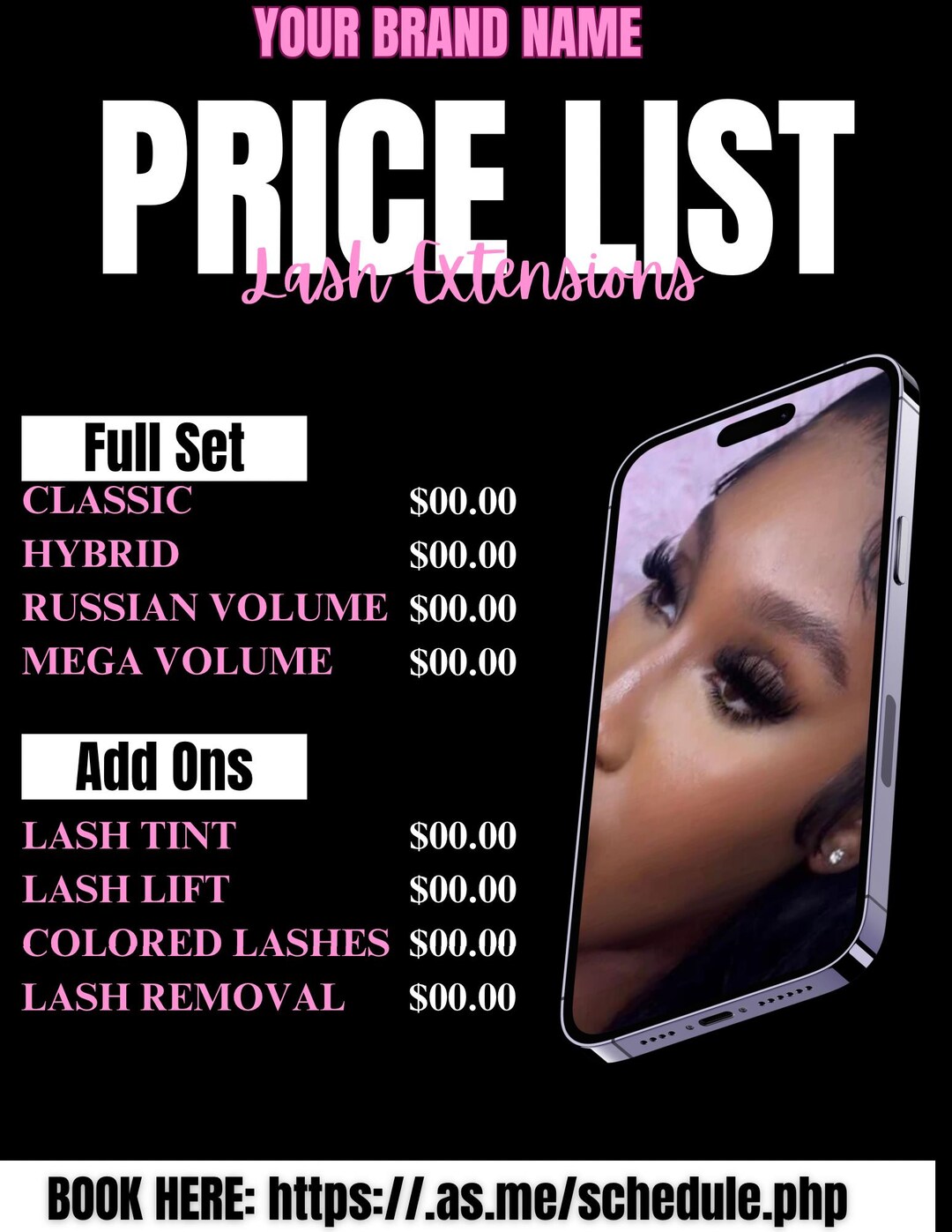 Lash Price List Template DIY Lashes Extensions Appointments Beauty ...