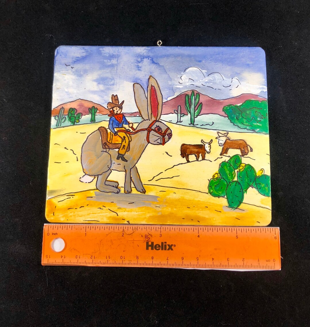 Cowboy and Jackrabbit, Hand-painted Watercolor on Wood, NM Artist Sandy ...