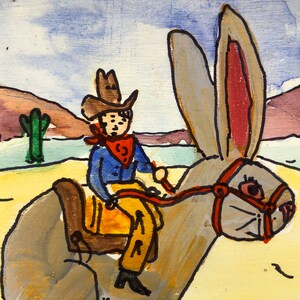 Cowboy and Jackrabbit, Hand-painted Watercolor on Wood, NM Artist Sandy ...