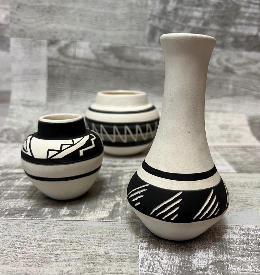 Set of 3 Native American Hand Painted Pottery Vase and Pots Signed S ...