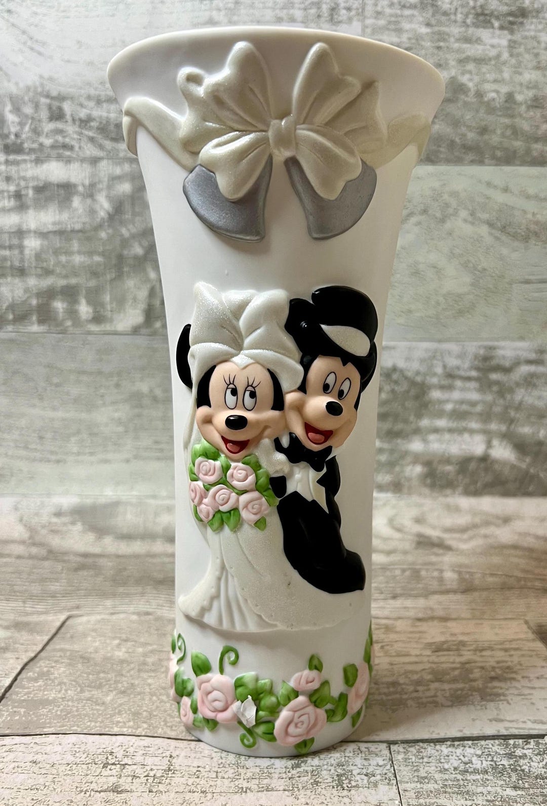 Disney Mickey and Minnie Mouse Porcelain Wedding Vase Bride Groom Pink ...