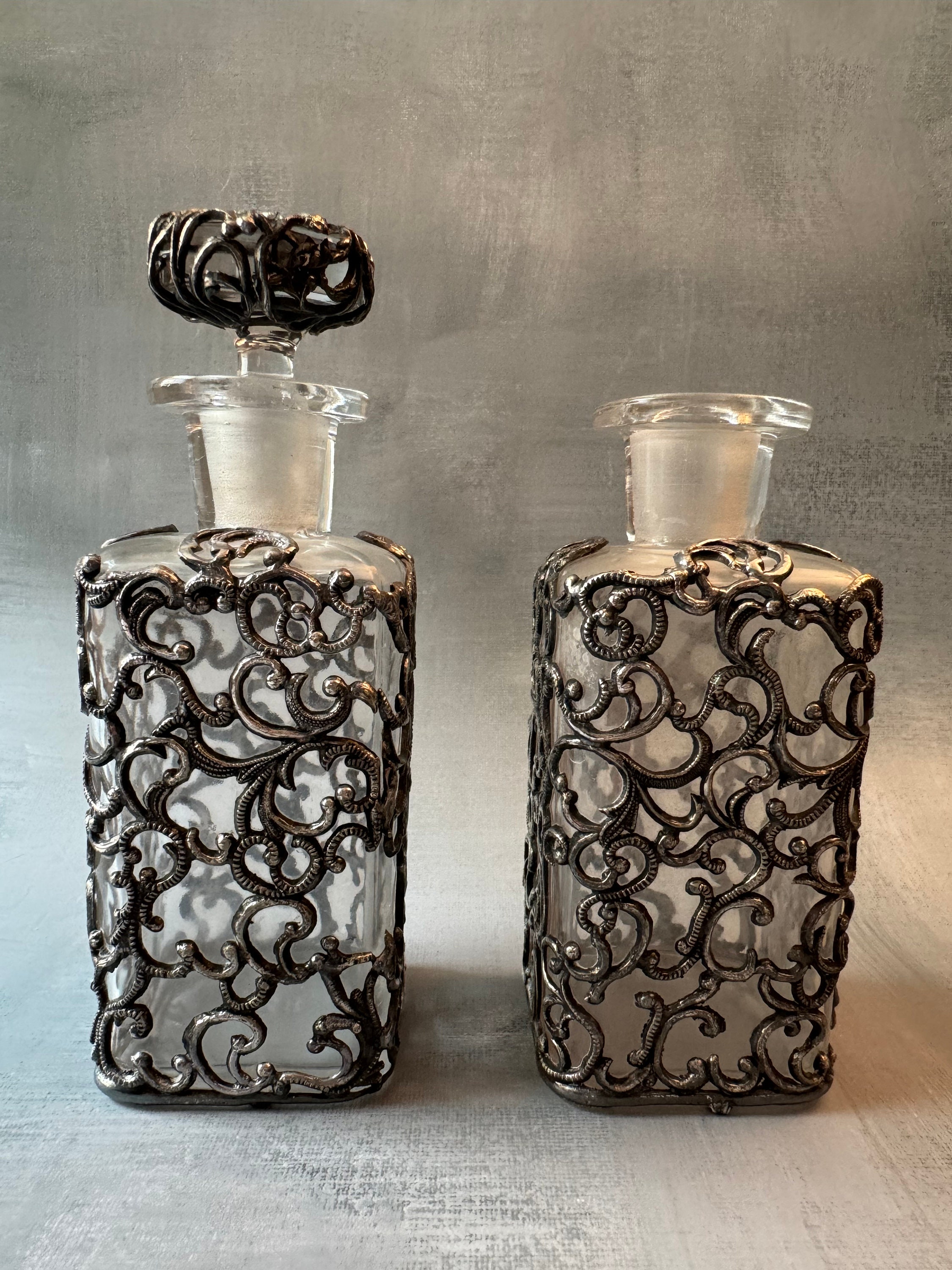 Two VTG Art Nouveau Glass Perfume Bottles With Reticulated Metal ...