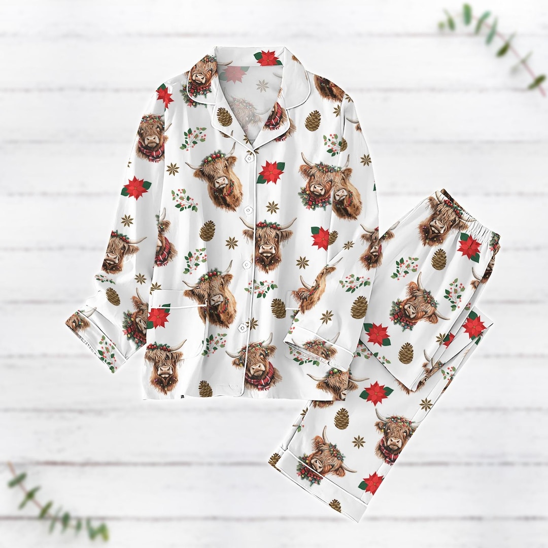 Christmas Highland Cow Pajamas Set, Cute Cow Xmas Pajamas, Buffalo ...