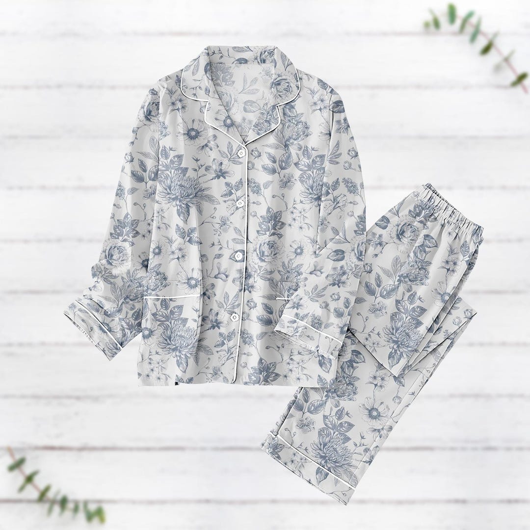 Retro Blue Floral Pajamas Set, Vintage Flowers Women Pajamas, Botanical ...