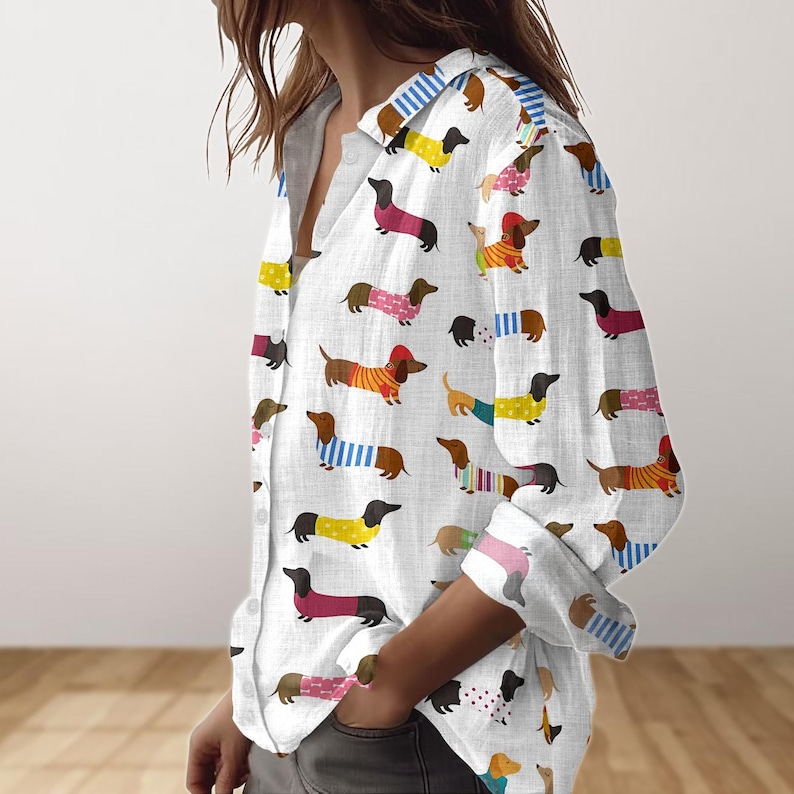 Dachshund Dog Linen-look Shirt, Sausage Dog Blouse Shirt, Pet Women ...