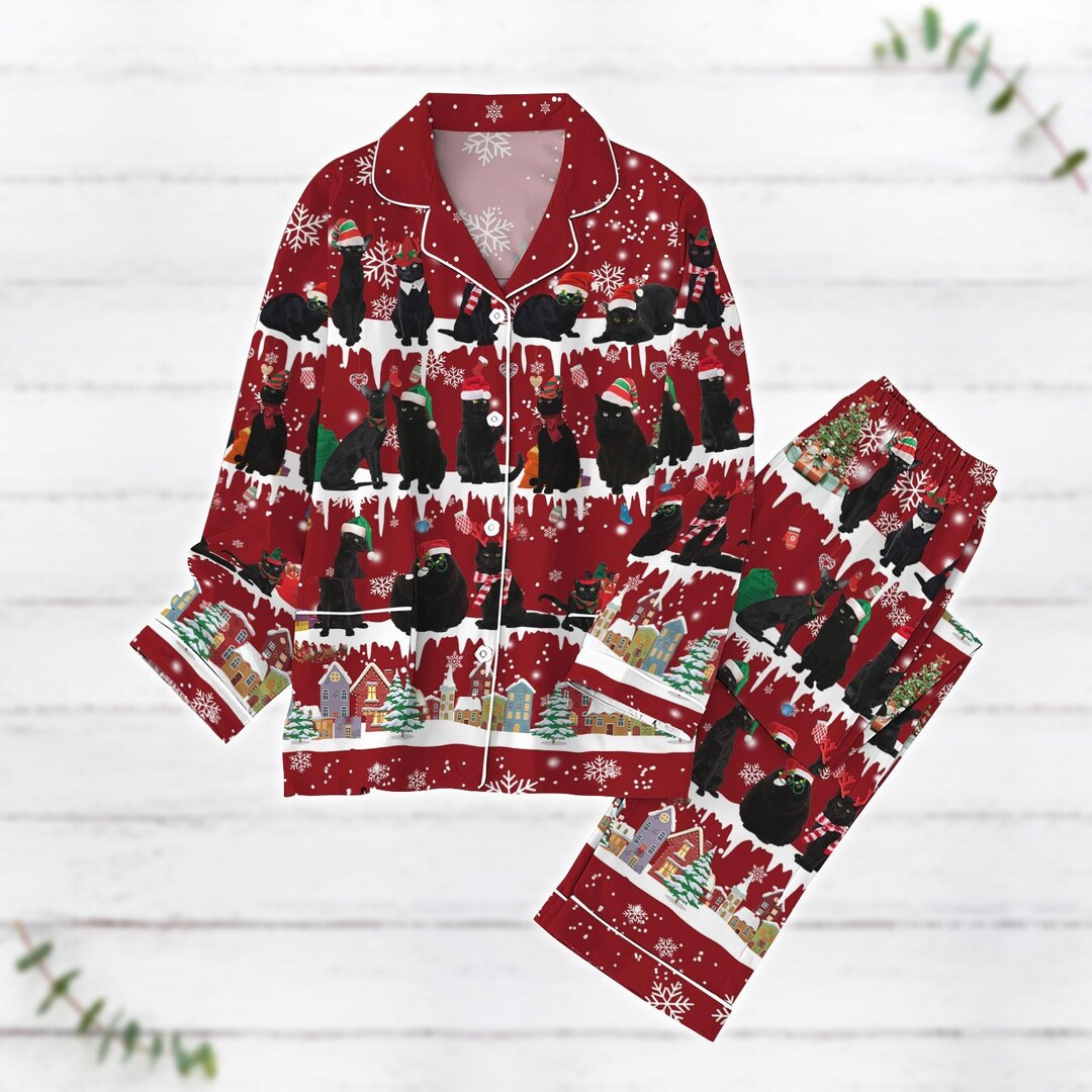 Black Cat Christmas Pajamas Set, Cute Cat Holiday Pajamas, Santa Cat ...