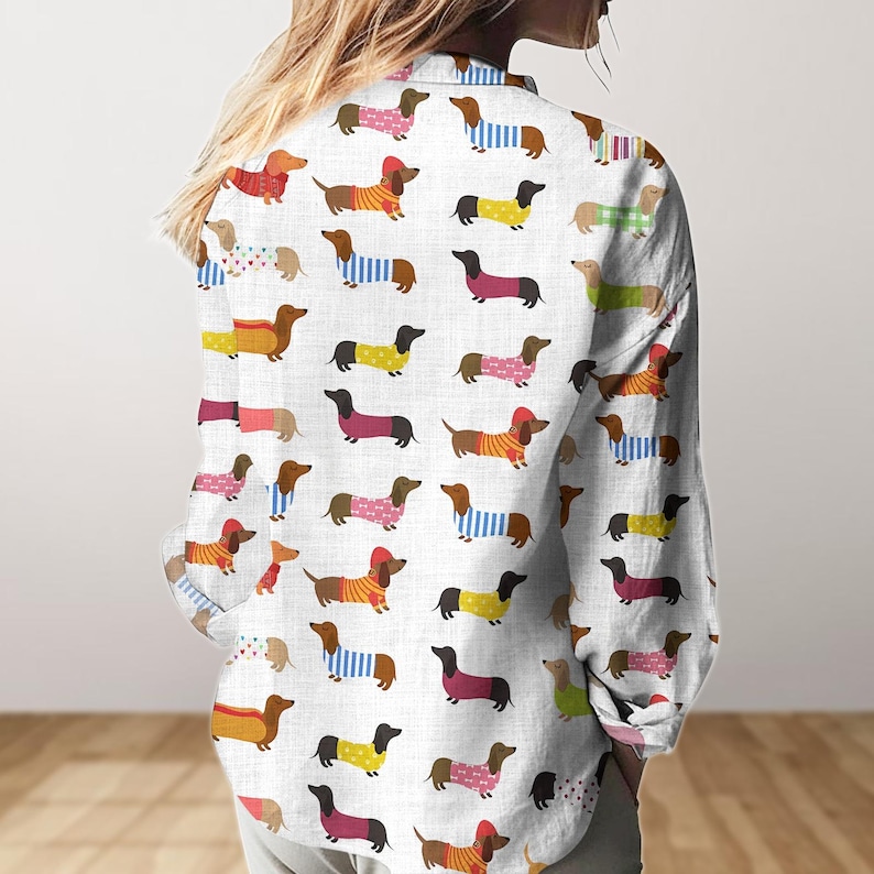 Dachshund Dog Linen-look Shirt, Sausage Dog Blouse Shirt, Pet Women ...