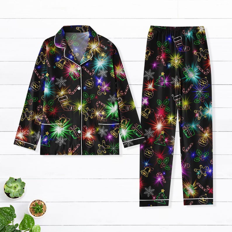 Christmas Bright Neon Lighting Pajamas Set, Gingerbread Bear Holiday ...