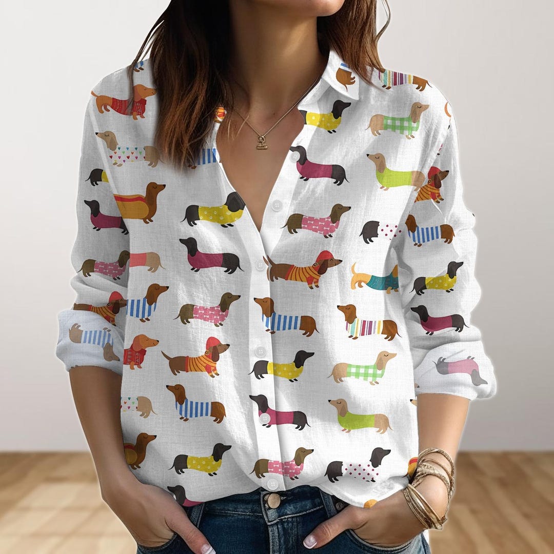 Dachshund Dog Linen-look Shirt, Sausage Dog Blouse Shirt, Pet Women ...