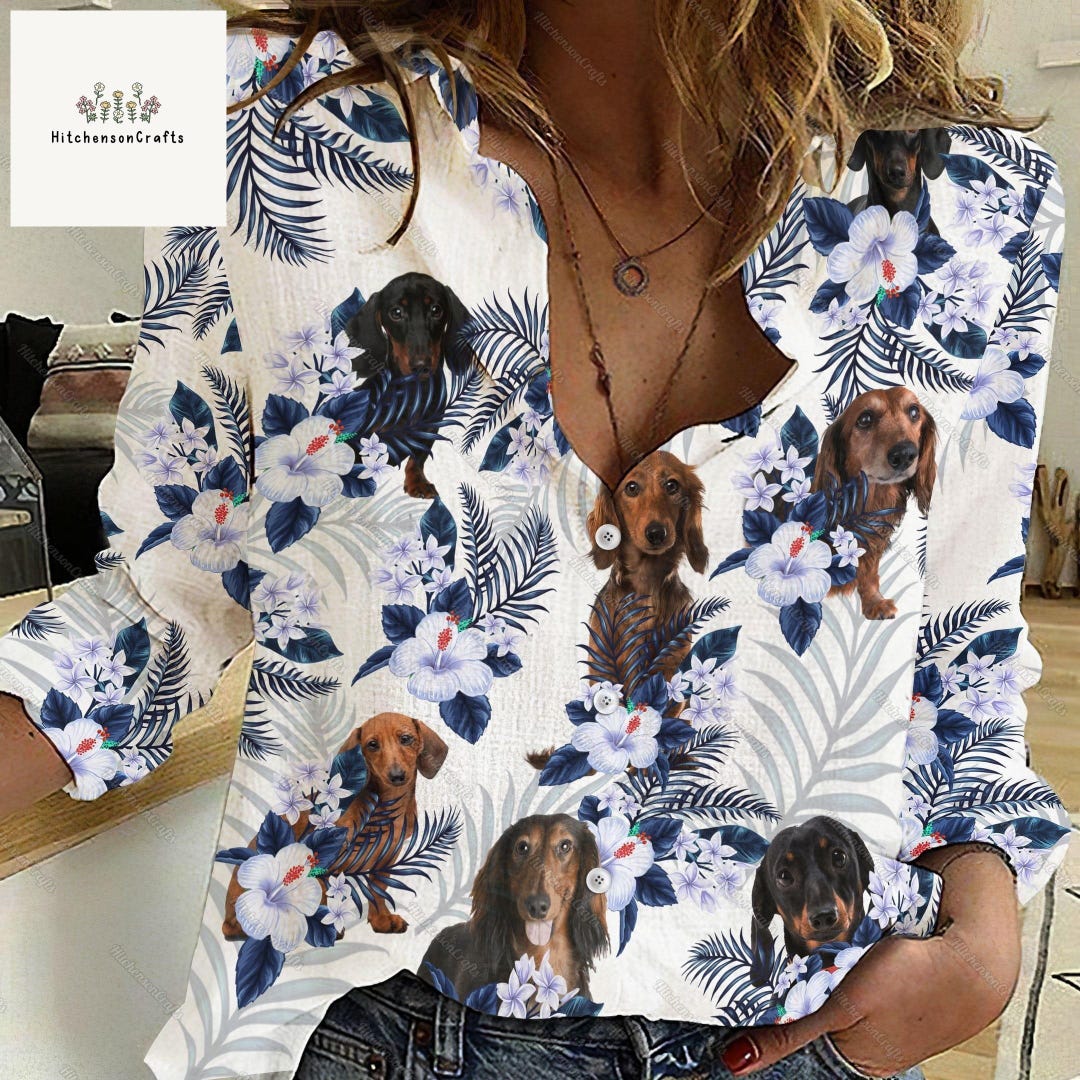 Dachshund Dog Linen Shirt, Dachshund Button Down Shirt, Women Blouses ...