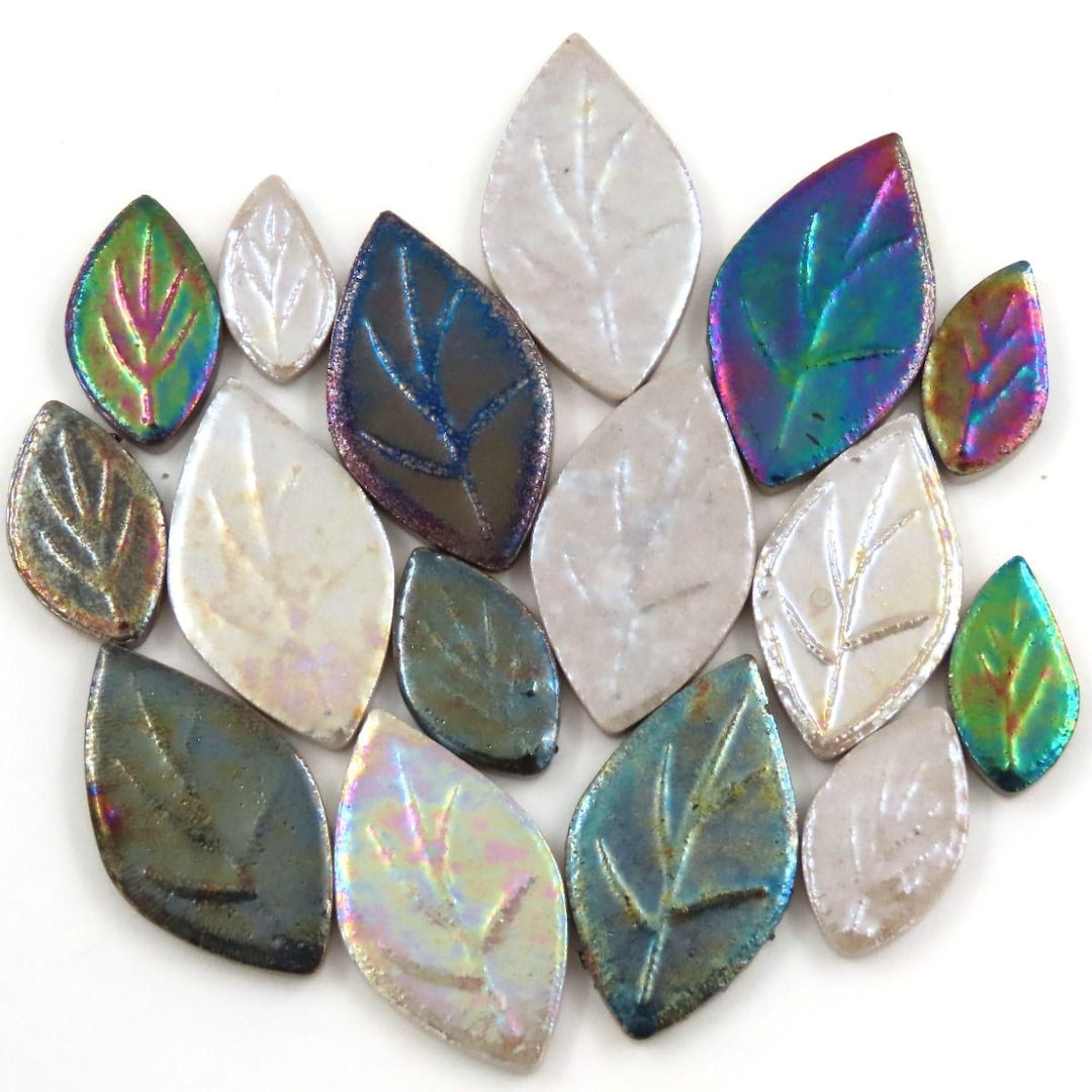 Iridescent Ceramic Leaves - Ghost - Mixed Sizes - 25 Tiles - Mosaic ...