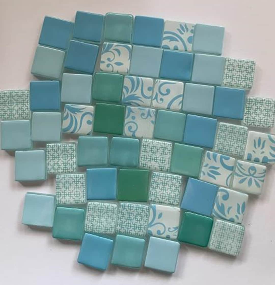 55 Tiles Light Blue & Teal Patchwork Enameled Glass Mosaic Tile Mix 3/4 ...