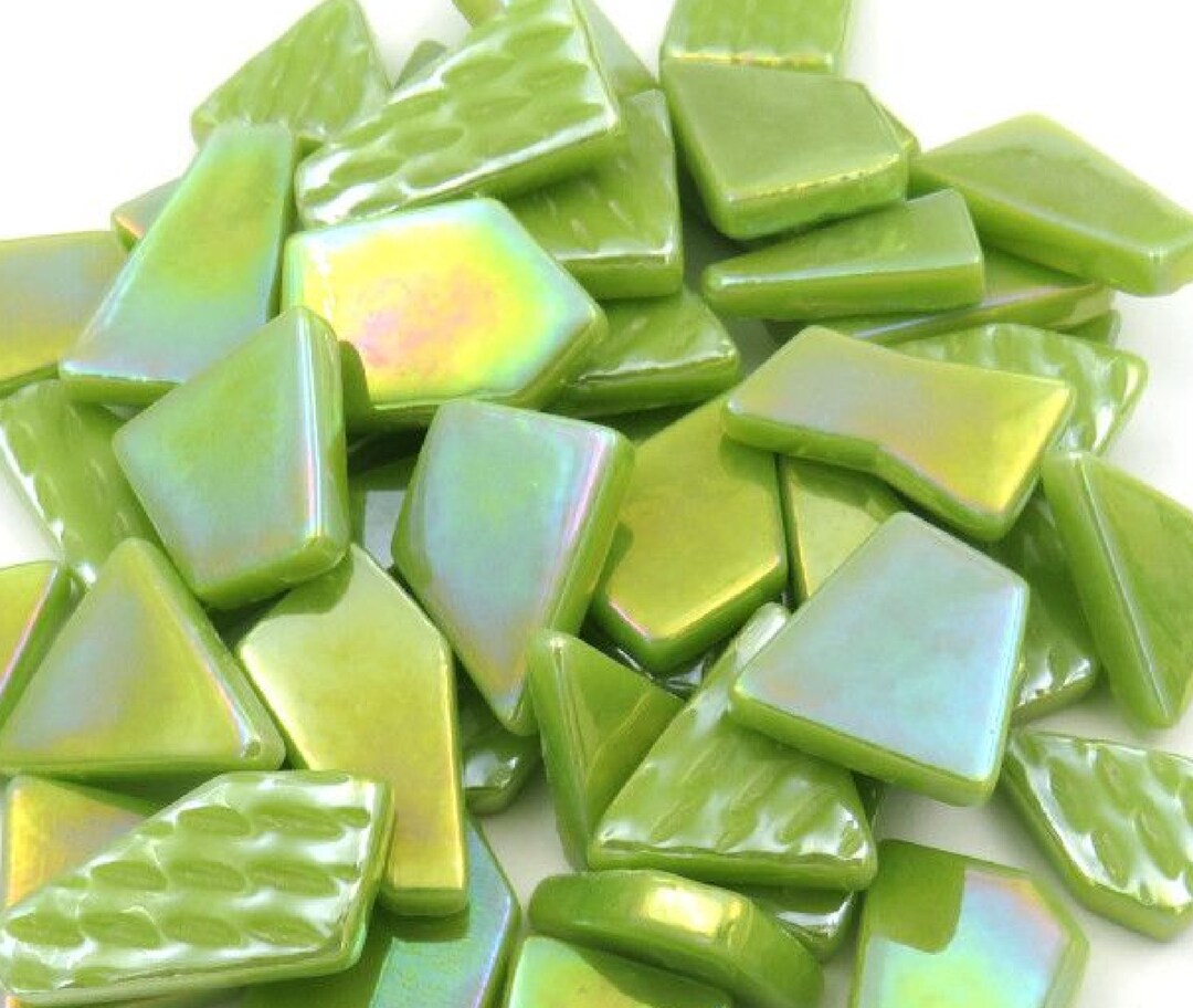 25 Tiles Iridescent Acid Lime Green Jigsaw Odd Cut Shaped Glass Mosaic ...