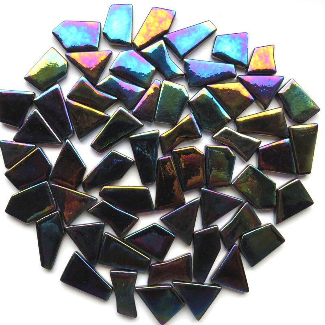 Iridescent Black Glass Jigsaw Odd Cut Shaped Mosaic Tile Pieces - 25 ...