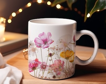 Boho Wildflowers Cottagecore Coffee Mug, Pressed Flowers Mug, Pastel ...
