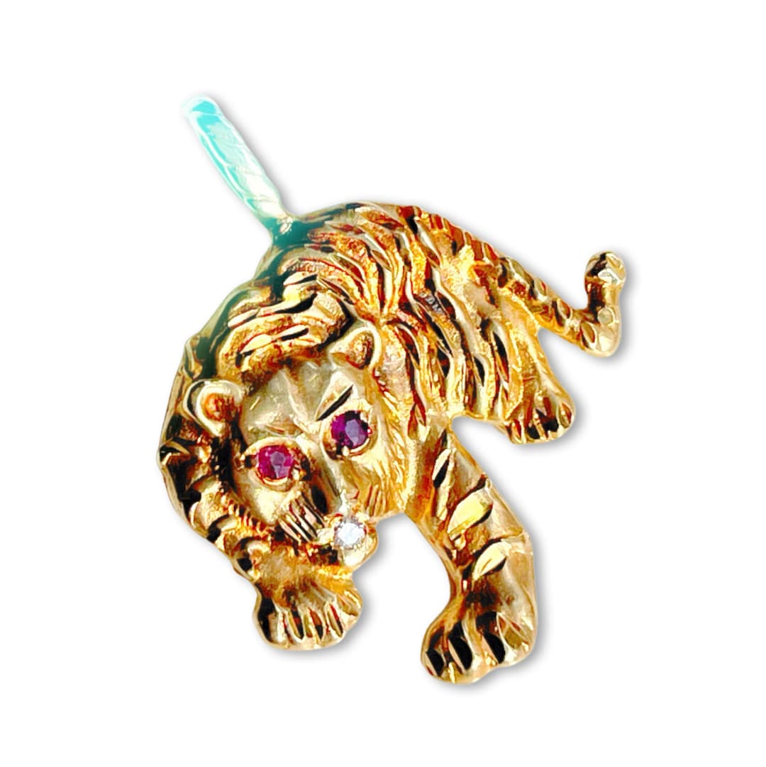 14K Gold Tiger Pendant Diamond Lucky Amulet Vintage Estate Jewlery ...