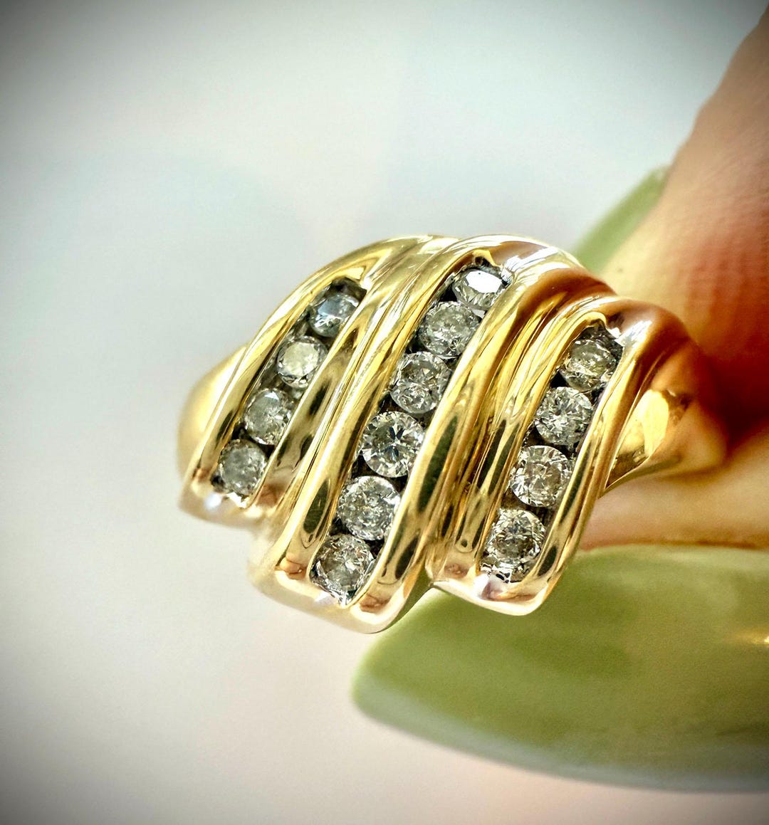 Puffy Wave Diamond Ring | 14k Solid Yellow Gold | Vintage 1990s Style | Estate Jewelry Los ...