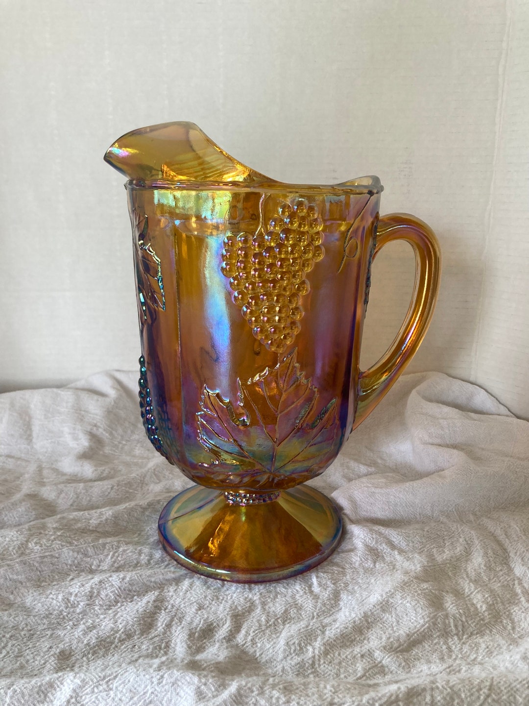 Vintage 1970’s Iridescent Amber Carnival Glass Pitcher - Harvest Grape ...