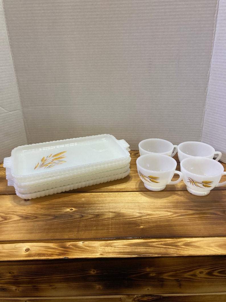 Anchor Hocking Milk Glass Luncheon Trays With Tea Cup Wheat Pattern ...
