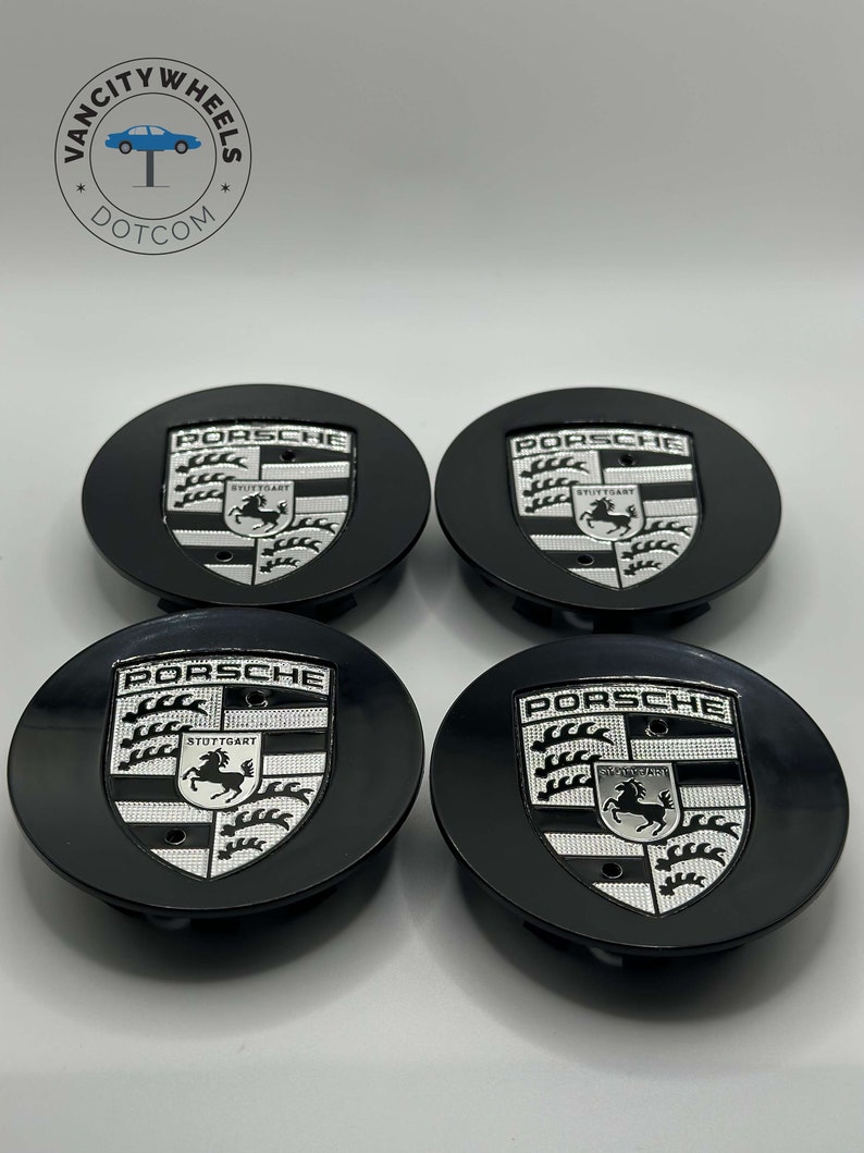 4pcs Porsche Crest Center Wheel Caps Gloss Black/ Chrome Crest 76MM Cayenne 911 Panamera ...