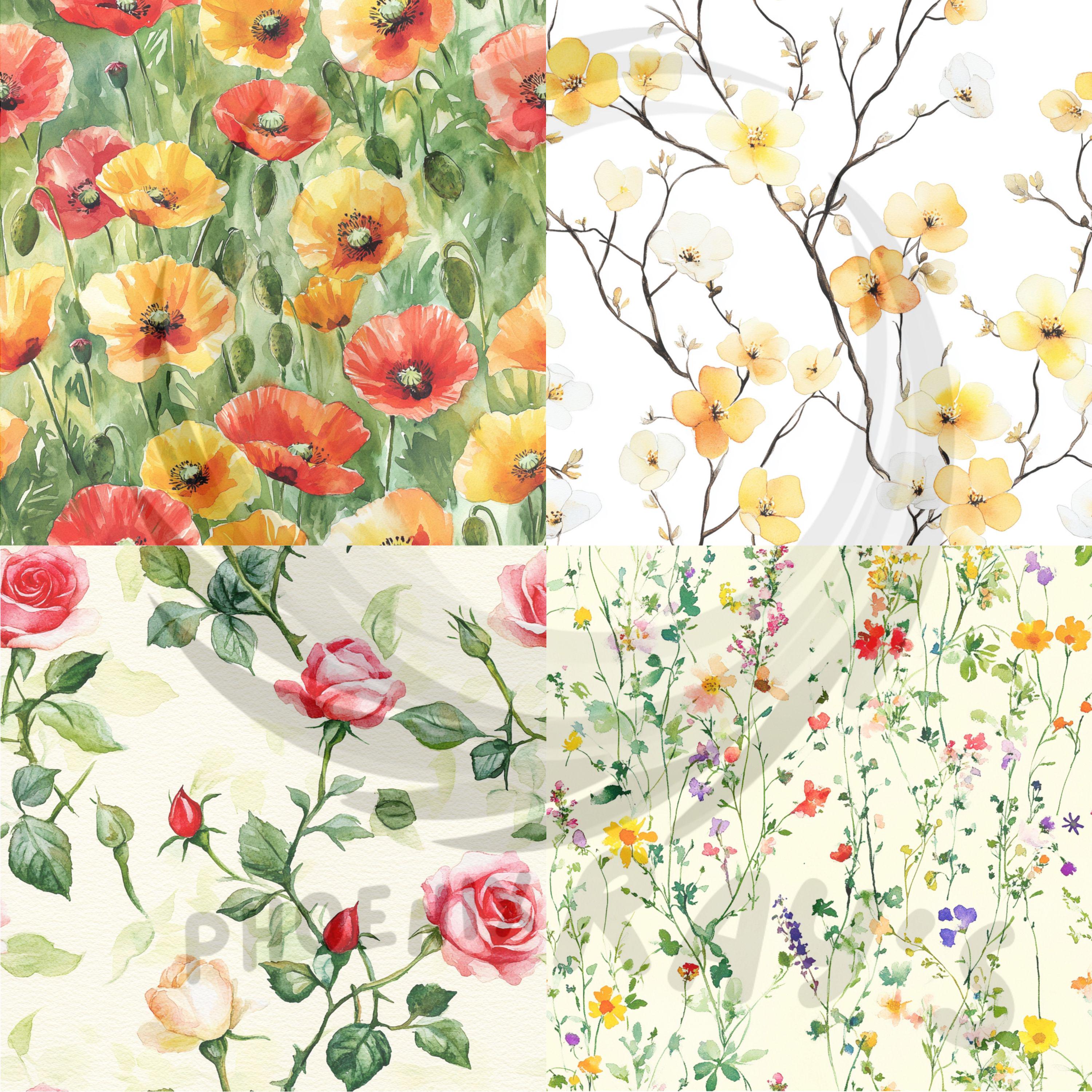 Watercolor Flowers Digital Paper, Seamless Watercolor Flower Designs ...