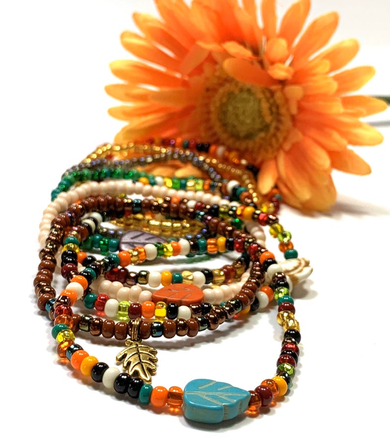 Harvest Season Autumn Boho Style Stacking Seed Bead Bracelets W Leaf ...