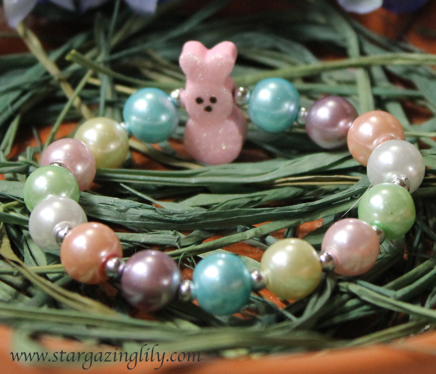 Easter Bunny Peep Style Pearl Bracelet PINK Glitter Bunny Bead ...