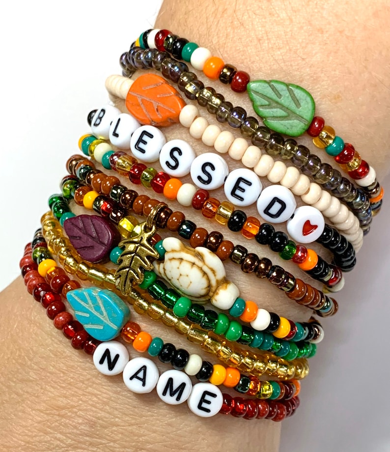 Harvest Season Autumn Boho Style Stacking Seed Bead Bracelets W Leaf ...